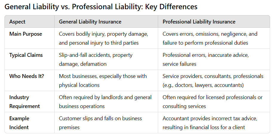 Explain General Liability vs Professional Liability