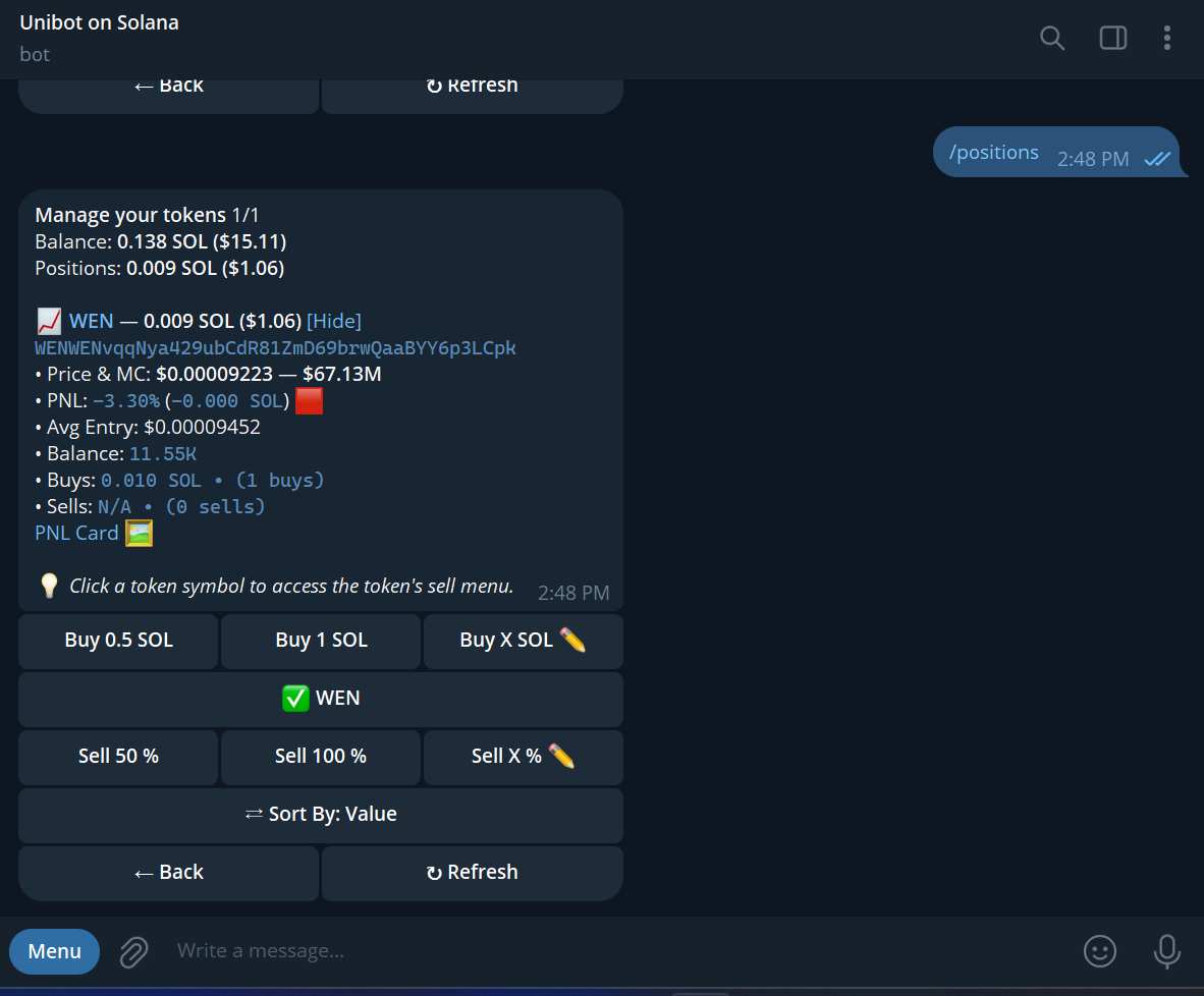 Hướng dẫn giao dịch mua/ bán bằng Unibot trên mạng Solana