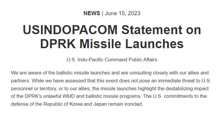 USINDOPACOM Statement on DPRK [North Korean] Missile Launches