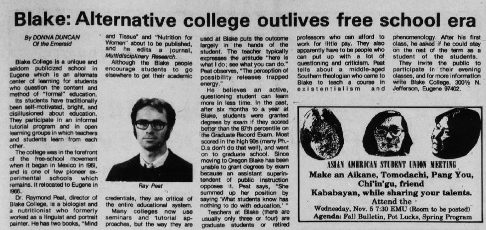 Ray Peat: History of Blake College and Offered Courses/Lectures