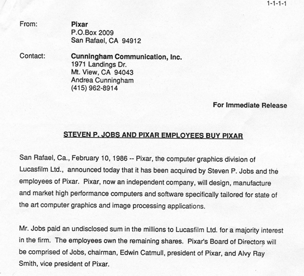 Steven P. Jobs and Pixar Employees Buy Pixar