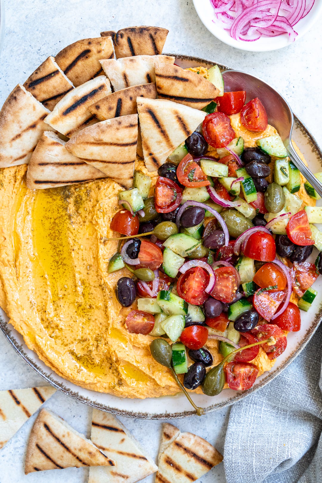 Mediterranean Loaded Hummus - Six Hungry Feet - Main Dish - Vegan