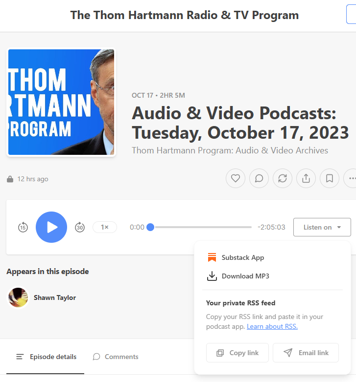 Support for the Thom Hartmann Program Substack