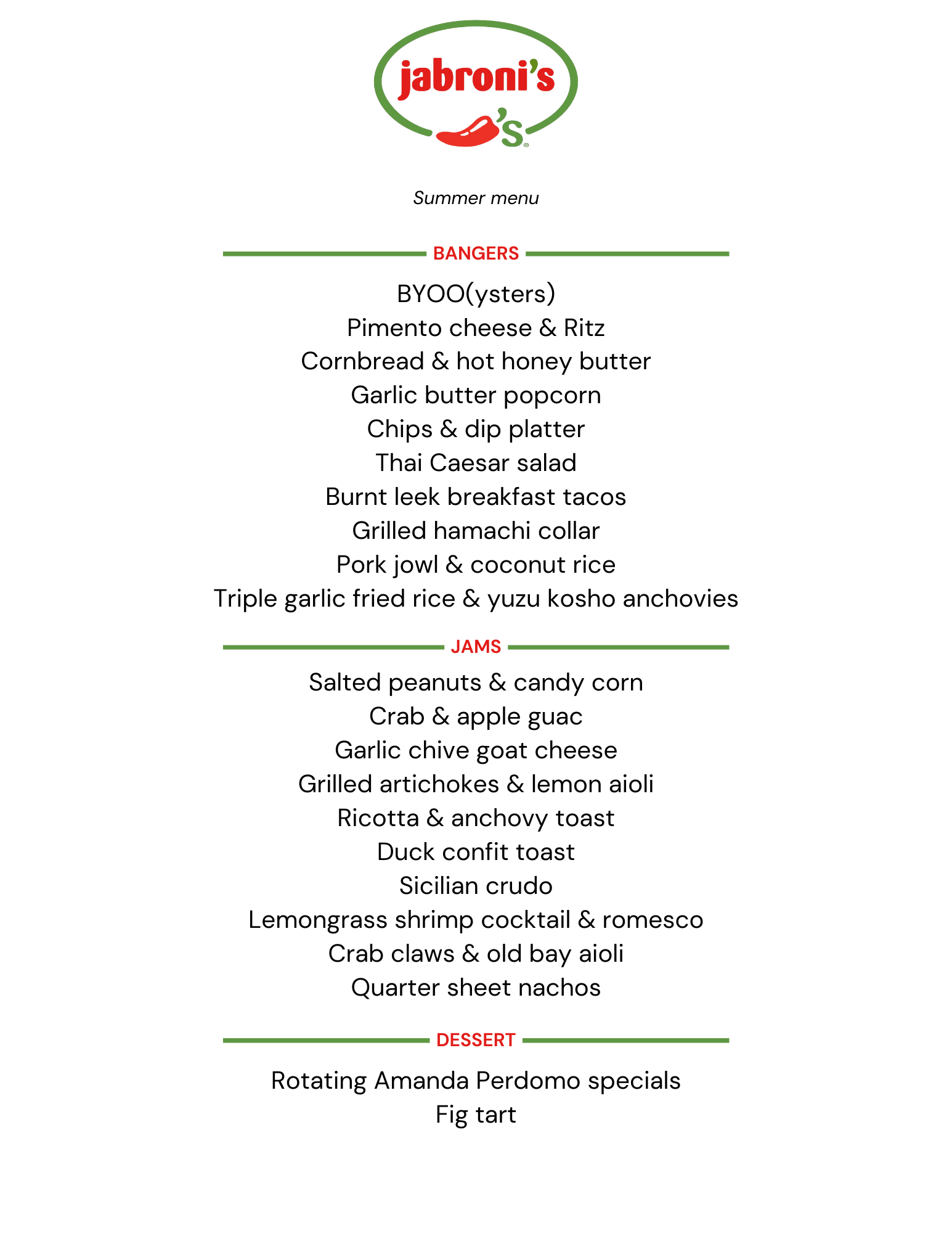 Jabroni’s menu: Summer 2024 - by Austin Tedesco