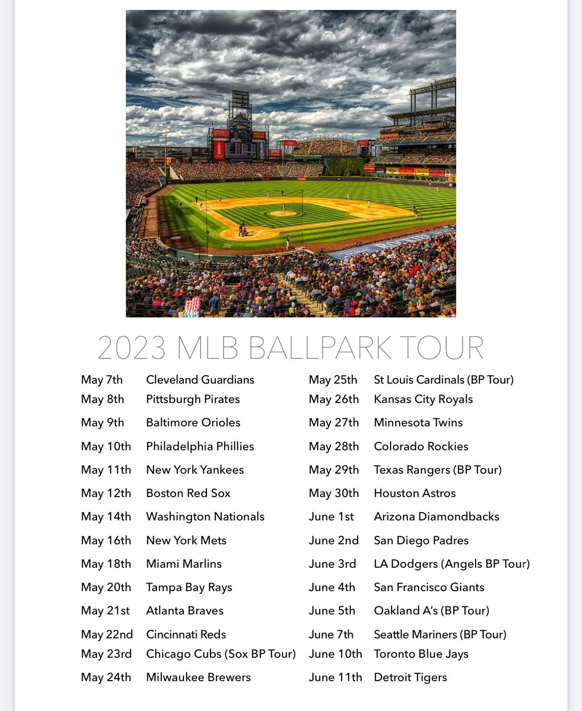 MLB Ballpark Tour Schedule! - by Mitch McVicker