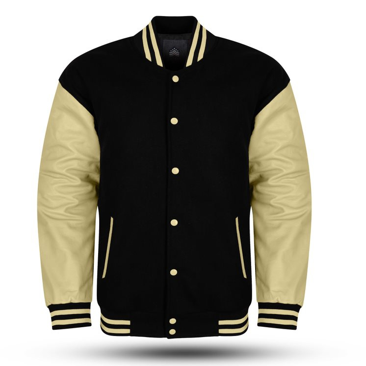 Varsity Jacket With Black Wool Body And Natural Cream Leather Sleeves ...