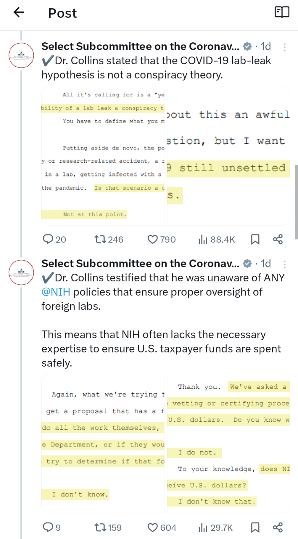 Francis Collins admits to major errors and lies to the House subcommittee
