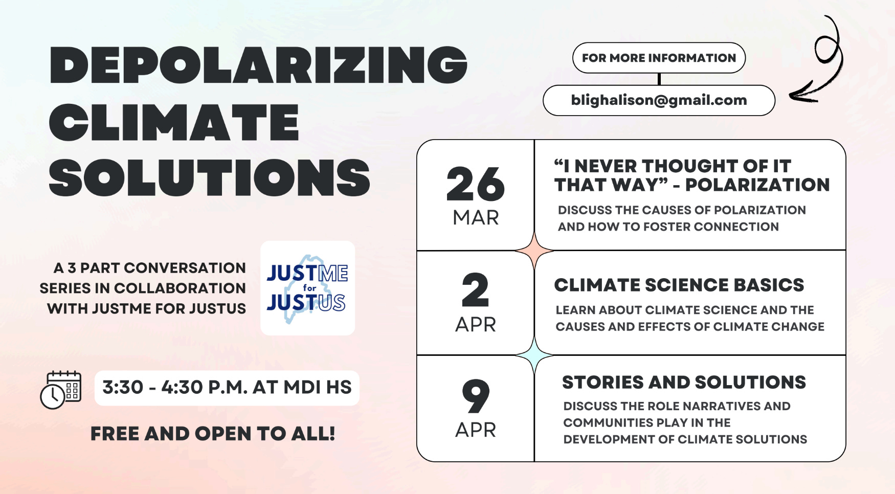 MDI HS Talent Show, Depolarizing Climate Solutions, Tai Chi