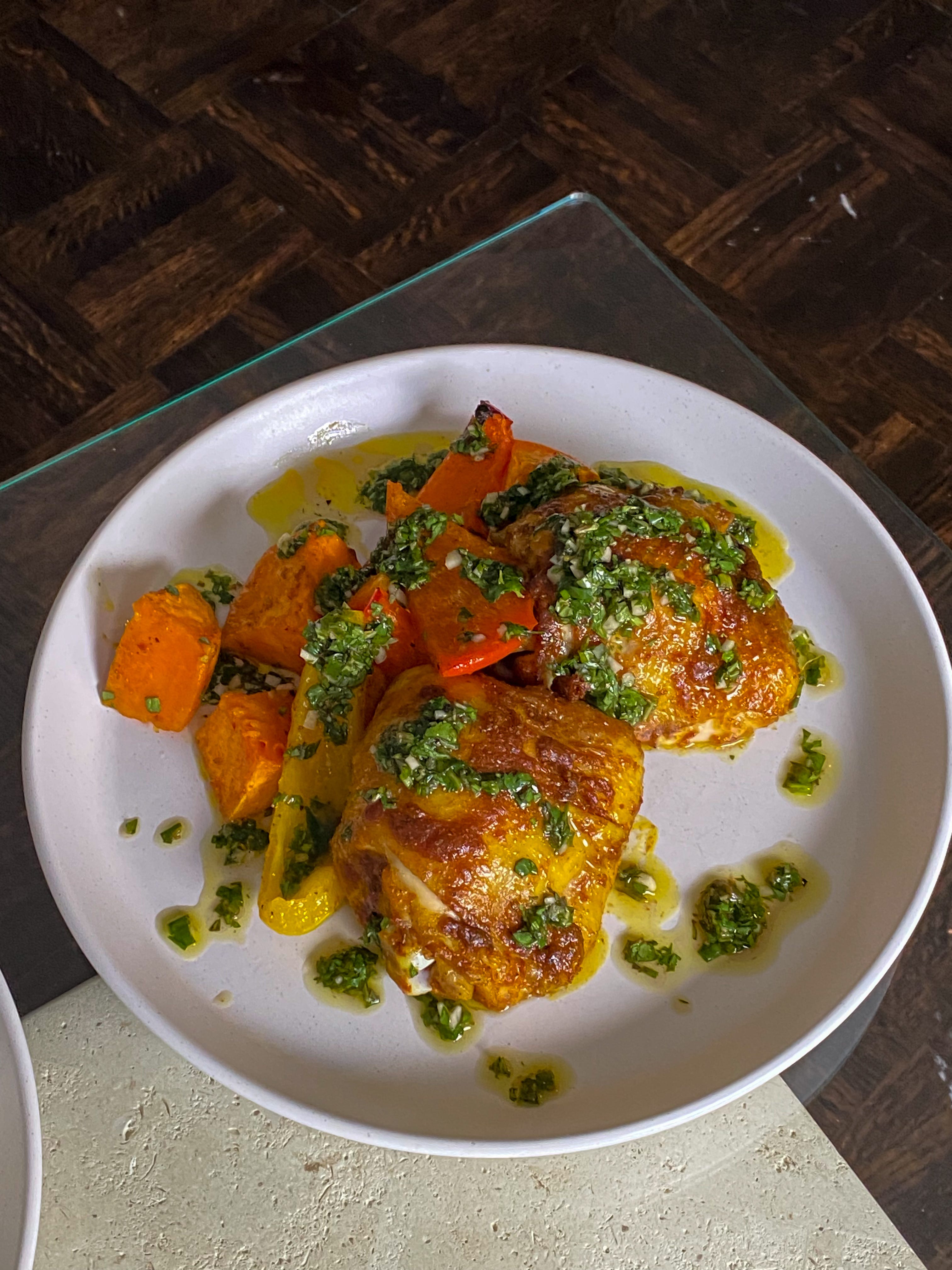 Sweet Curried Chicken Tray Bake with Tangy Herb Dressing