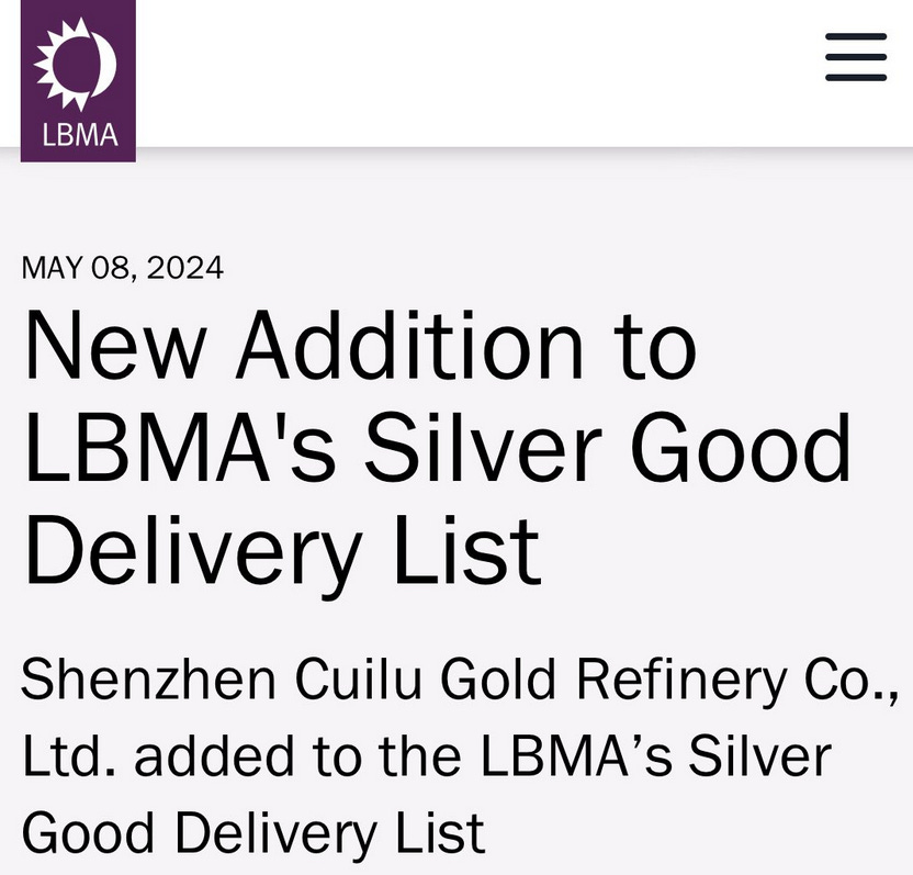 BREAKING: CHINA REFINER ADDED TO LBMA FOR SILVER - by VBL