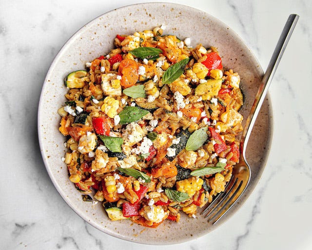 Roasted Veggie “Orzo” with Feta & Basil Vinaigrette