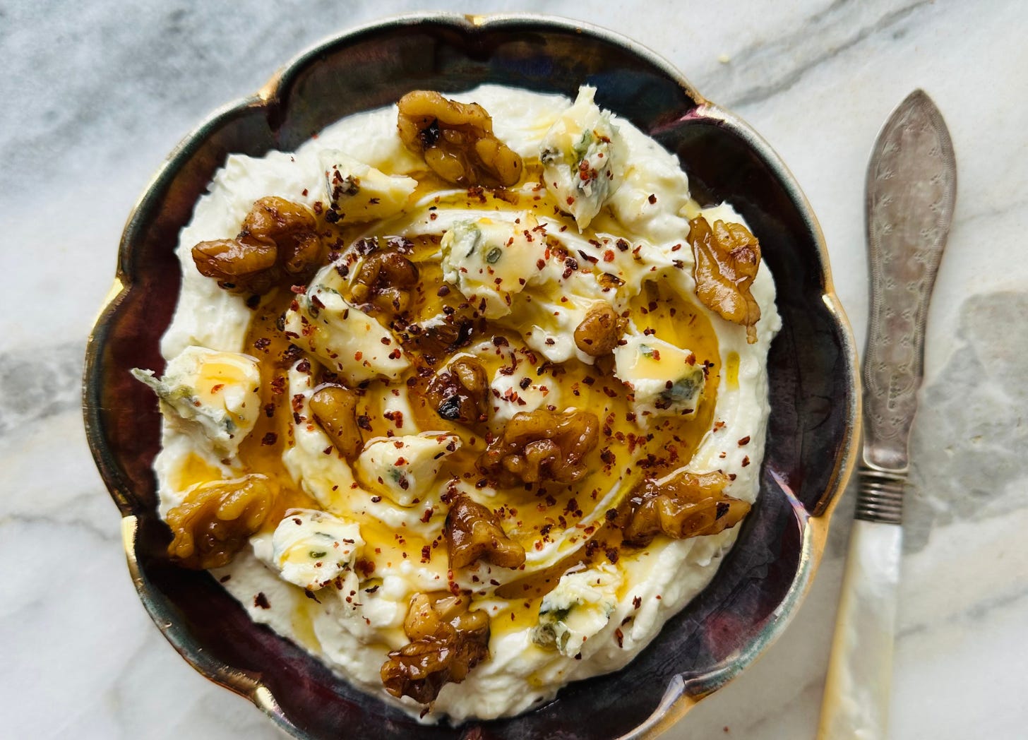 Roquefort & Labneh Dip with Aleppo Pepper and Marinated Walnut
