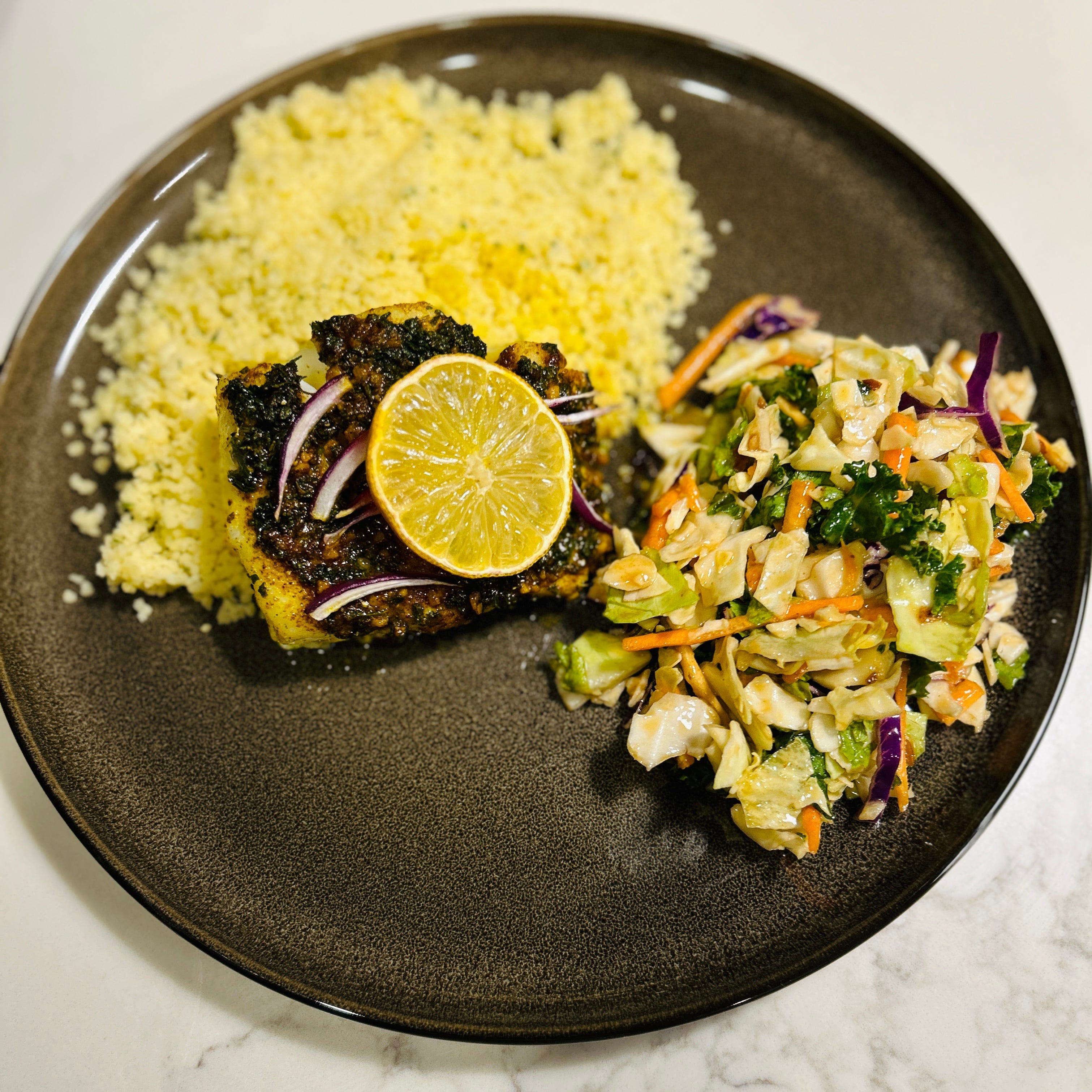 Herb Crusted Baked Cod with Couscous and Side Salad