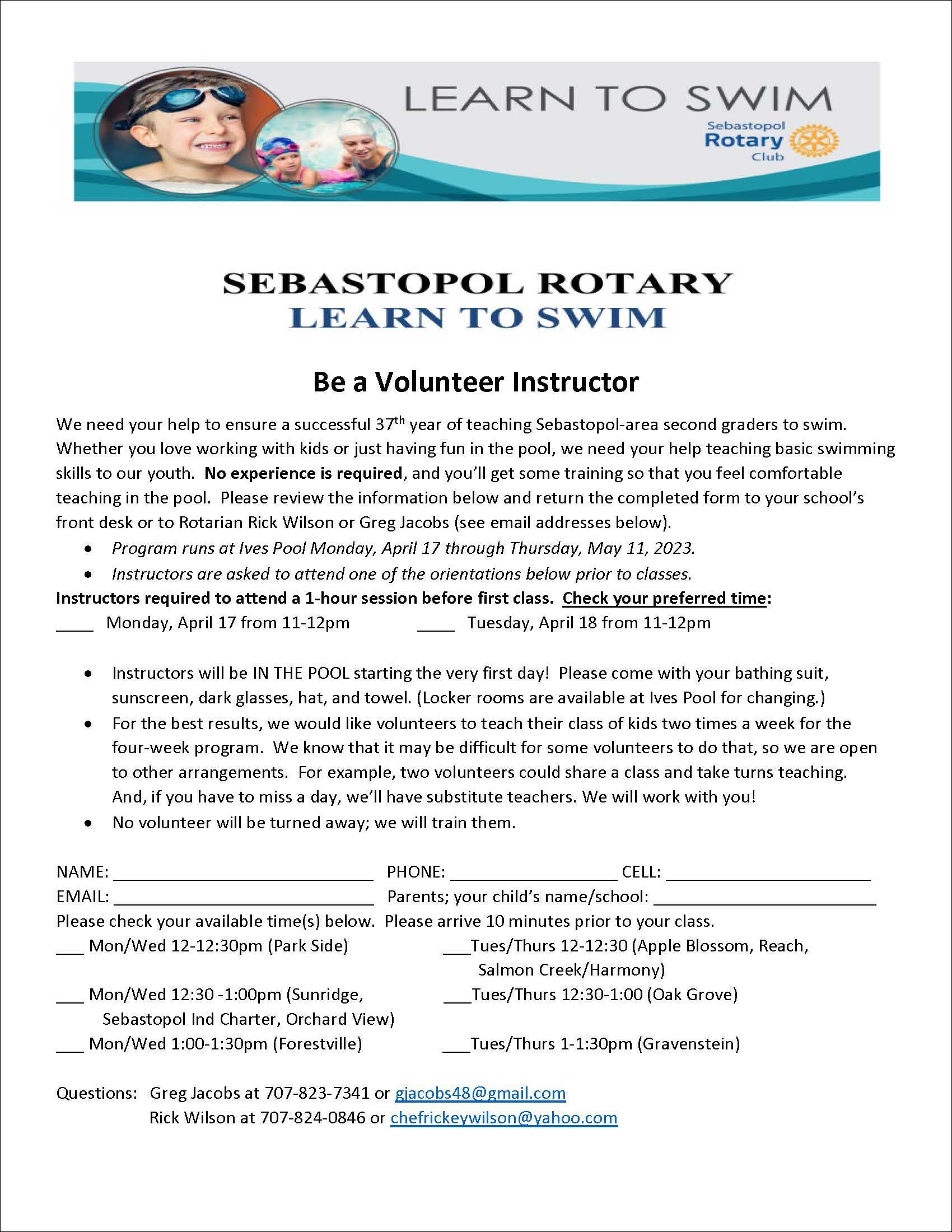 Sebastopol Rotary seeks swim class volunteers
