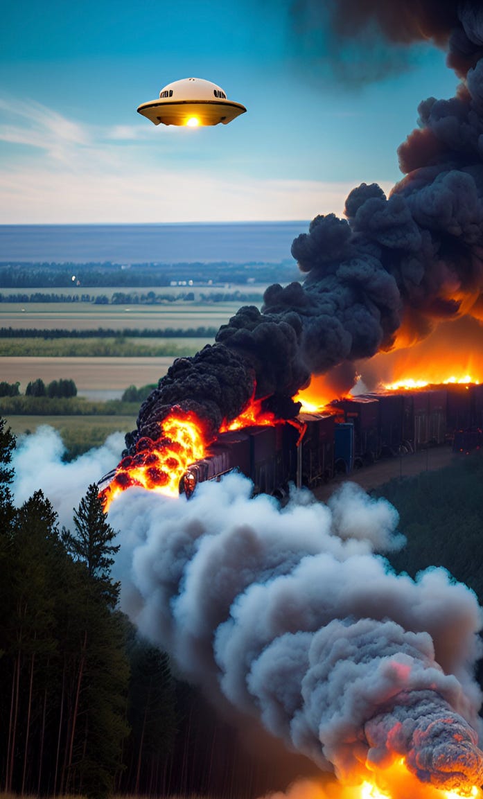 UFO Overseeing the Controlled Fire of the Ohio Train Disaster / Image ...