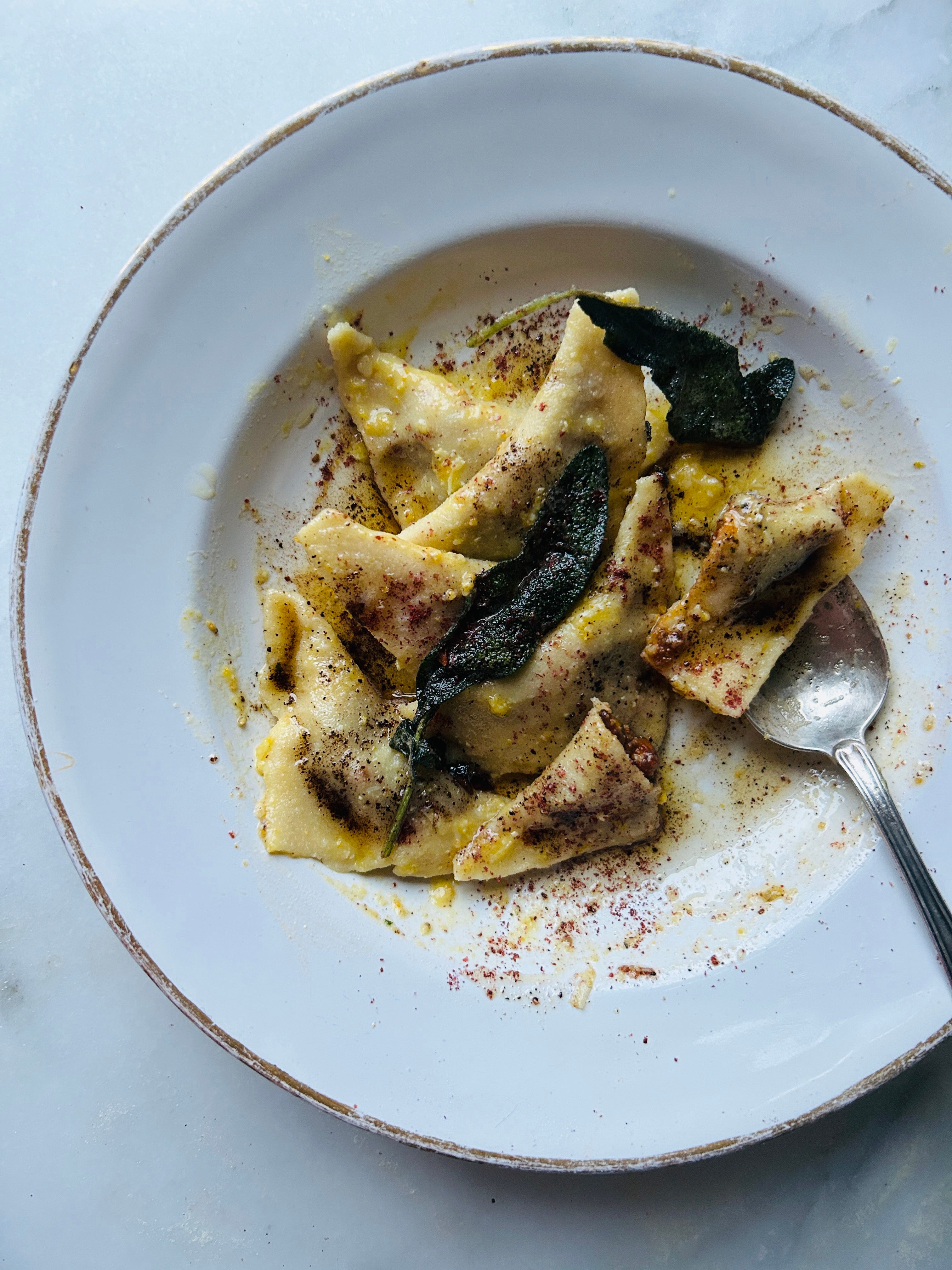 Lazy pasta with spiced mince meat, mandarin sauce and garlicky sage ...