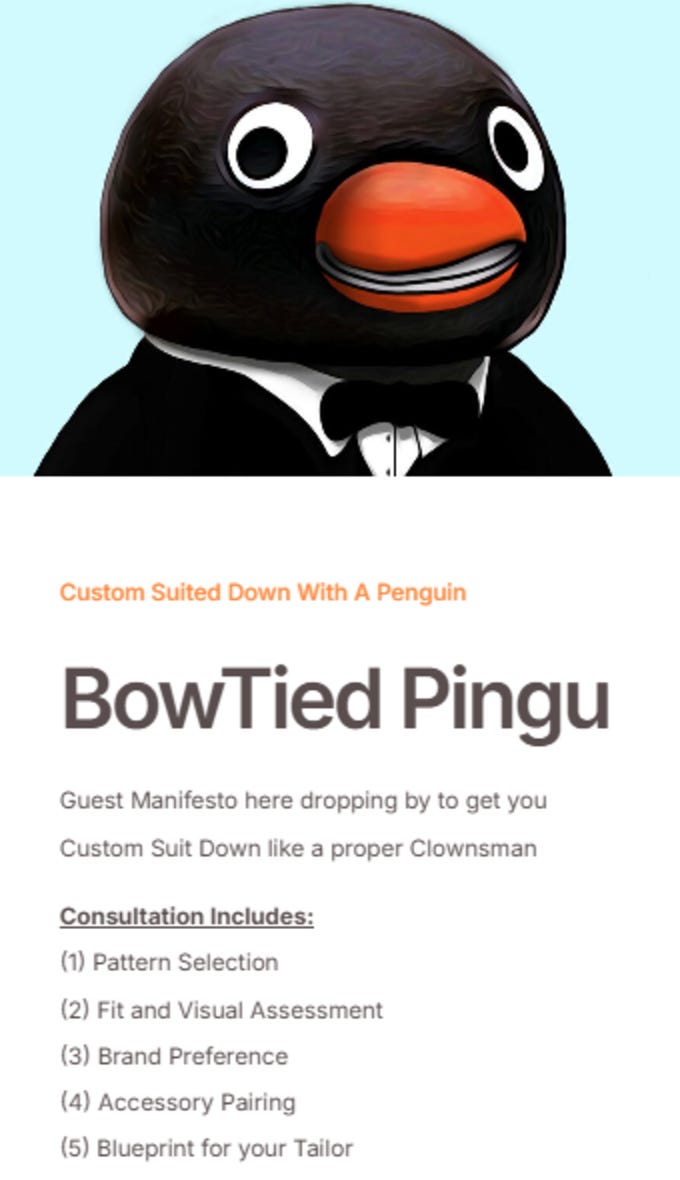 Custom Suited Down with a Penguin - BowTied Bull