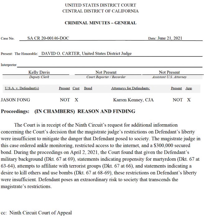Judge David Carter sentences Jason Fong in terrorism case