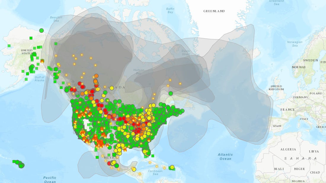 Current Air Quality Map Showing Smoke Caused By Fires