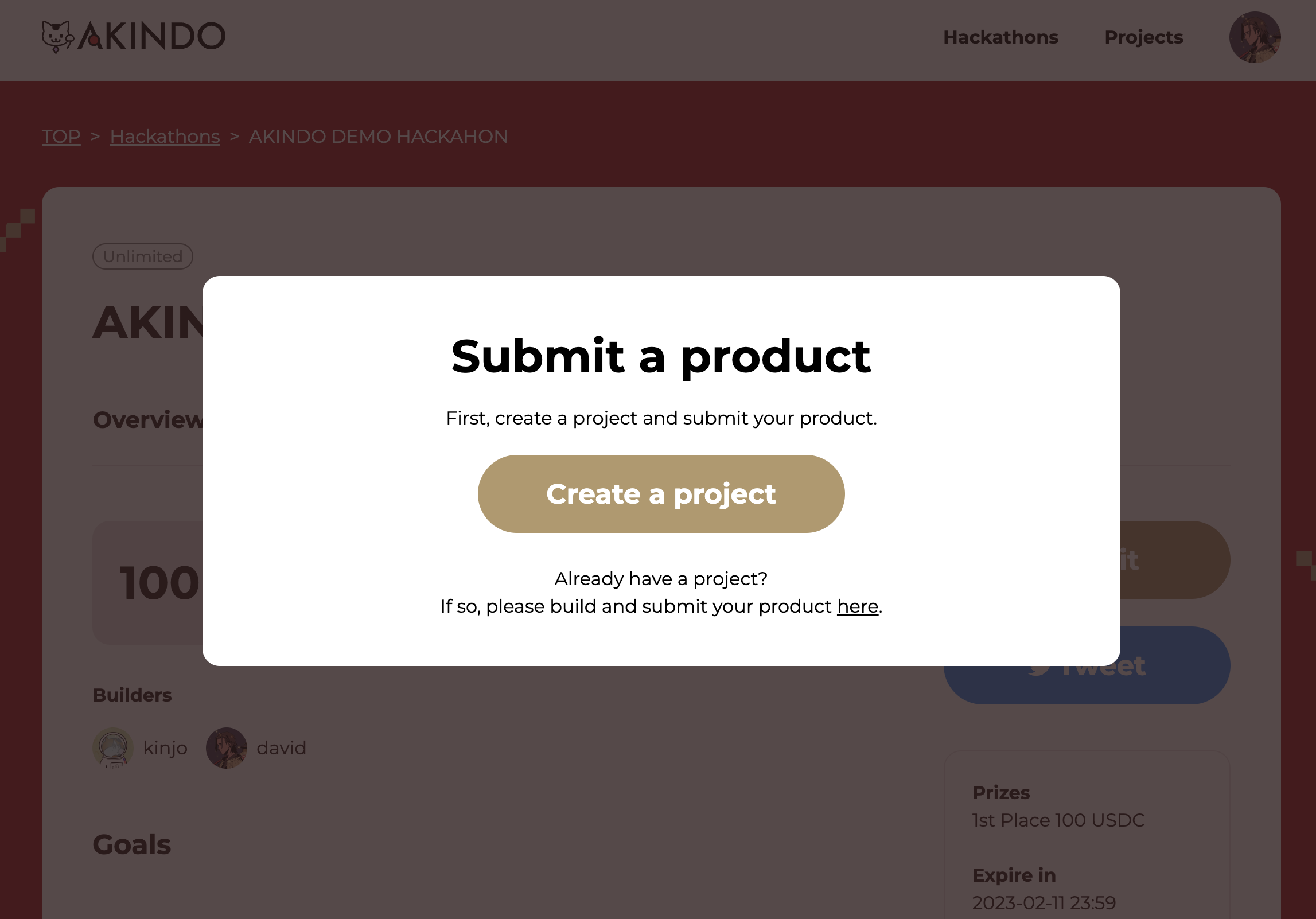 New feature! You can now submit products developed in Hackathons.