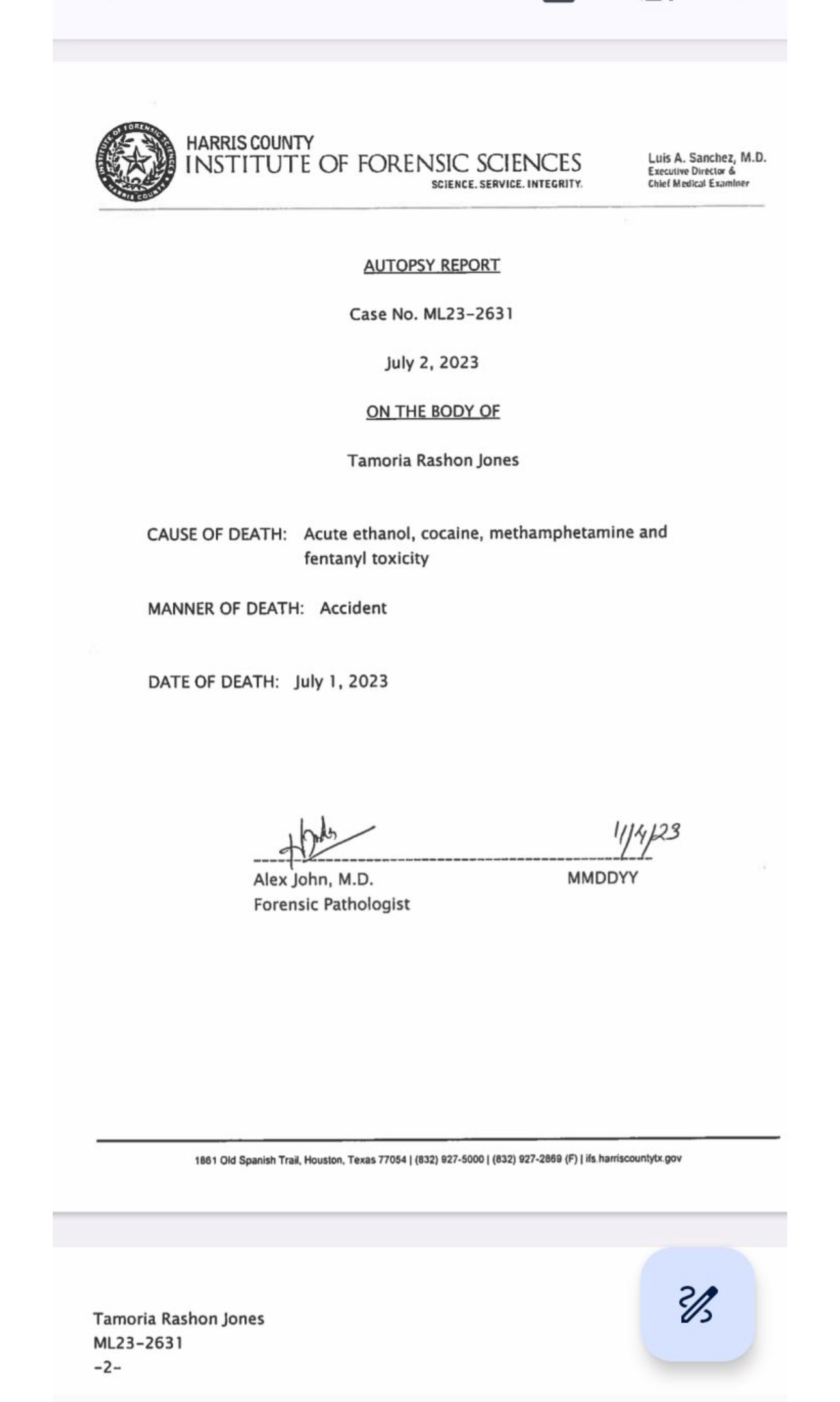 Texas House Rep Harold Dutton Chief of Staff Toxicology Report Findings ...