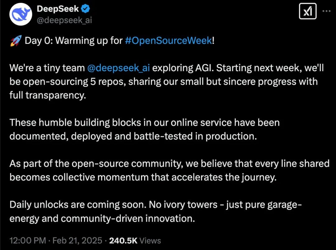DeepSeek Announces "Open Source Week" Initiative with Full Source Code Release