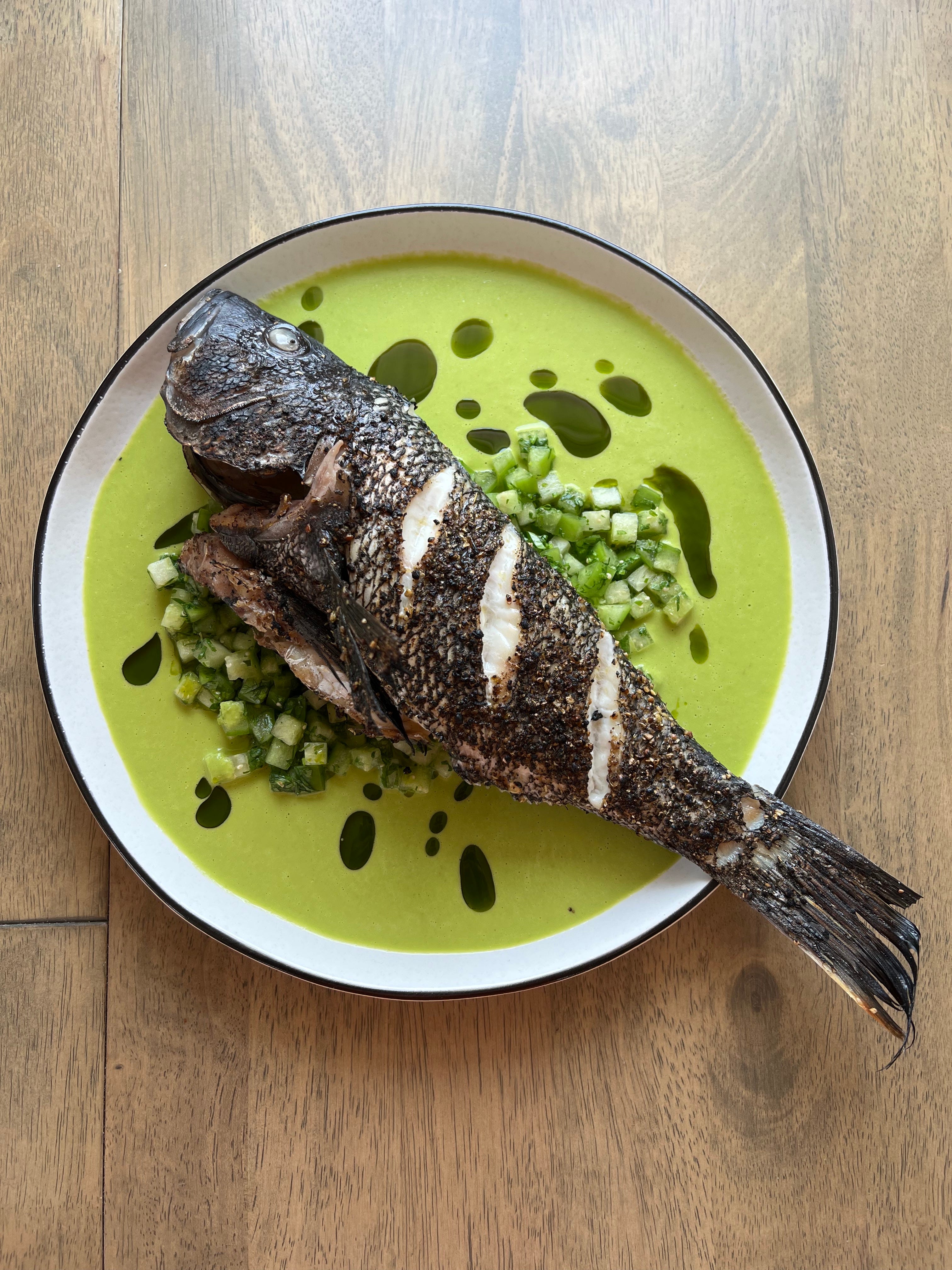 broiled fish with poblano sauce and tomatillos