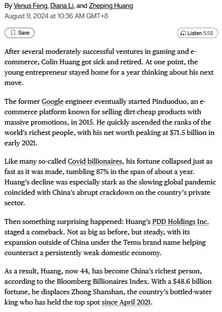 Temu Owner’s Billionaire Founder Becomes China’s Richest Person