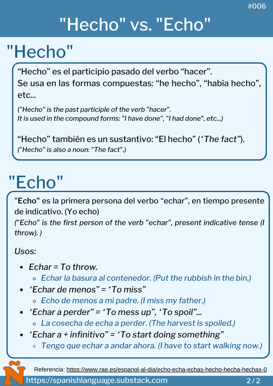 Spanish Homonymous words: Hecho vs. Echo. (#006)