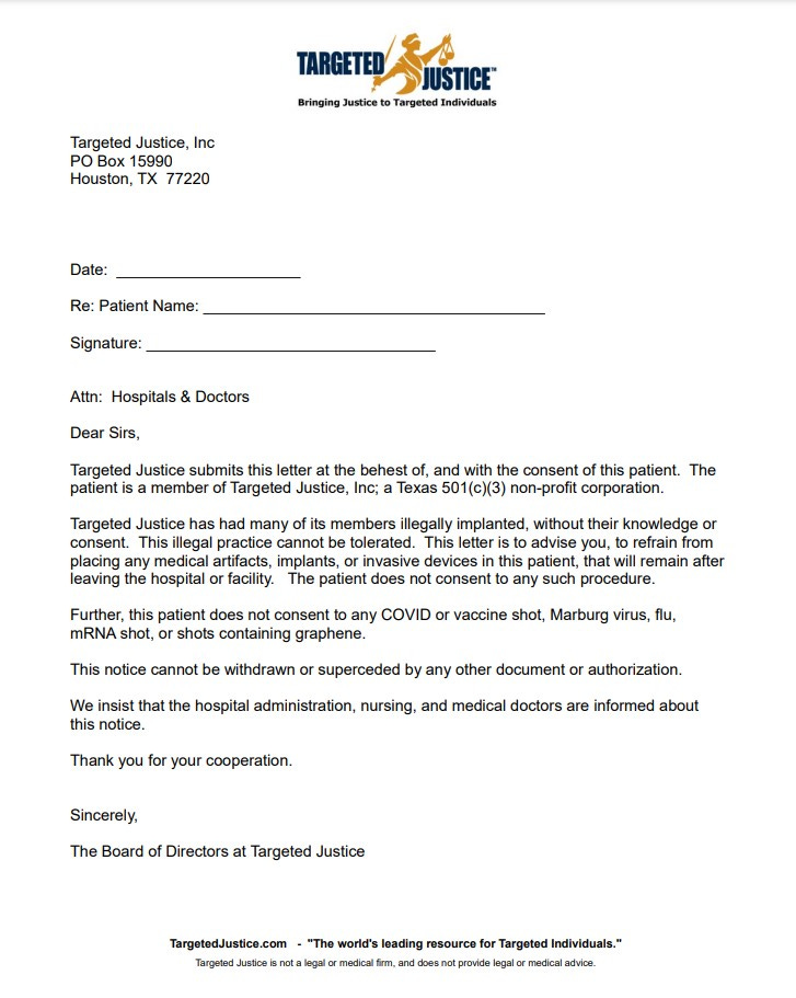 Medical Implants Letter - by Targeted Justice, Inc.