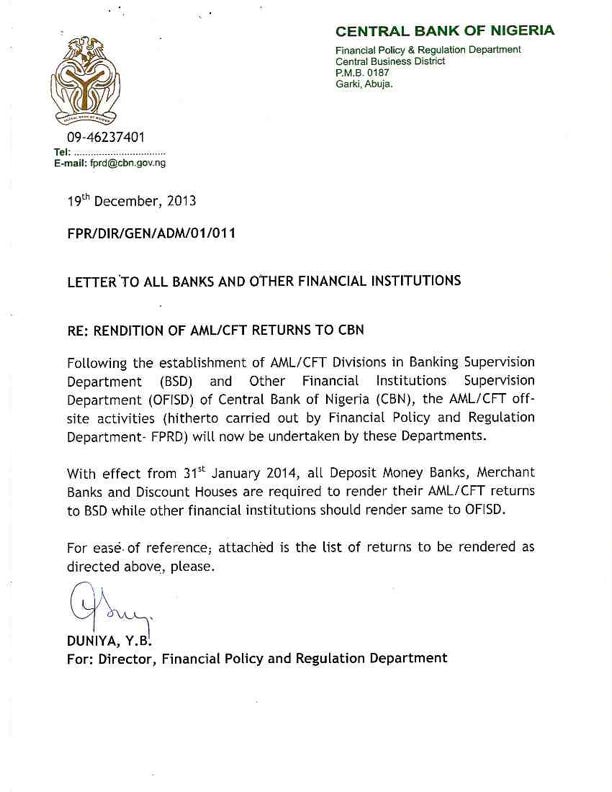 Alert: Central Bank of Nigeria Circular FPR/DIR/GEN/ADM/01/011