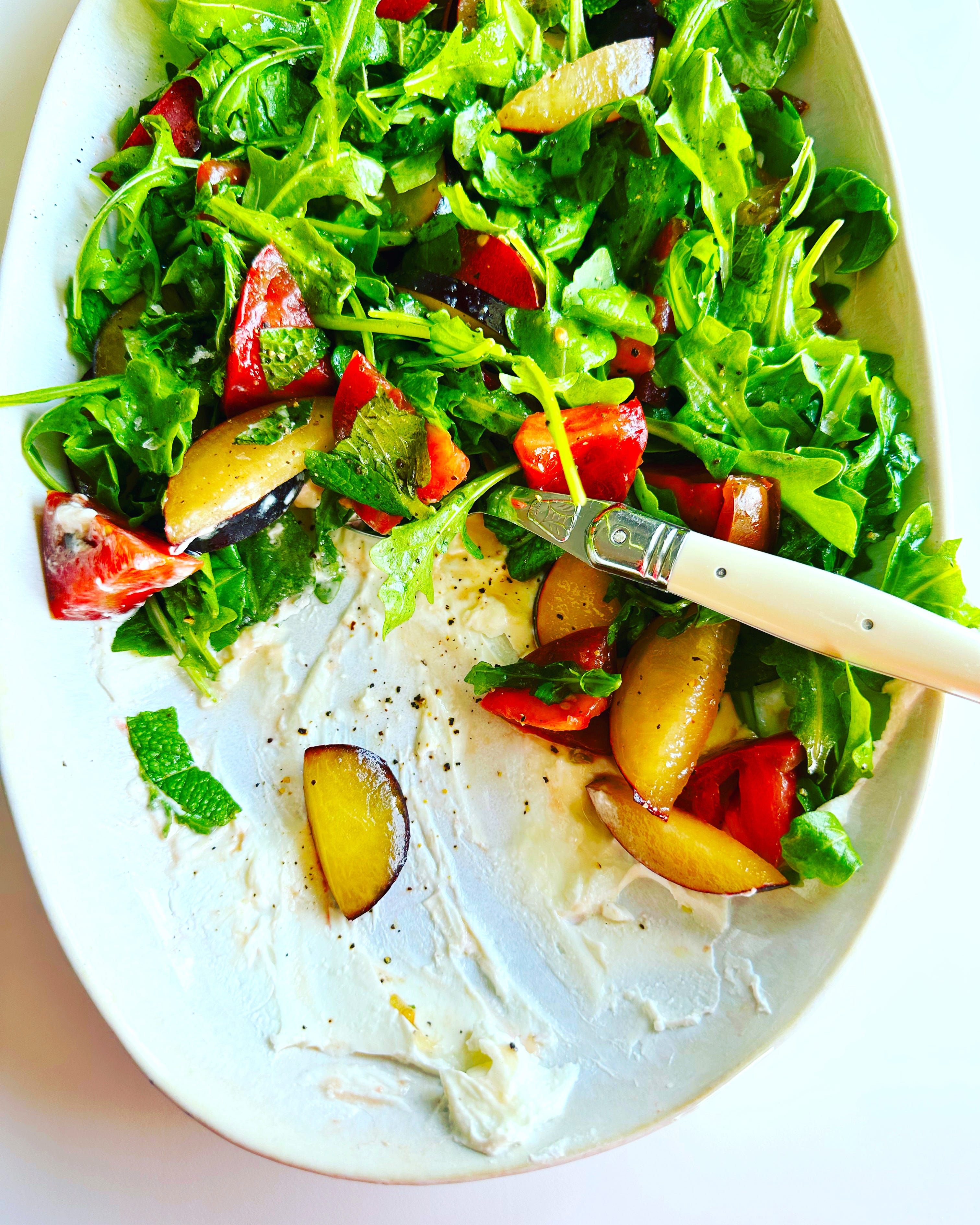 Plum Salad on Whipped Feta; Fresh Corn Salad with Basil and Tomatoes 🍅