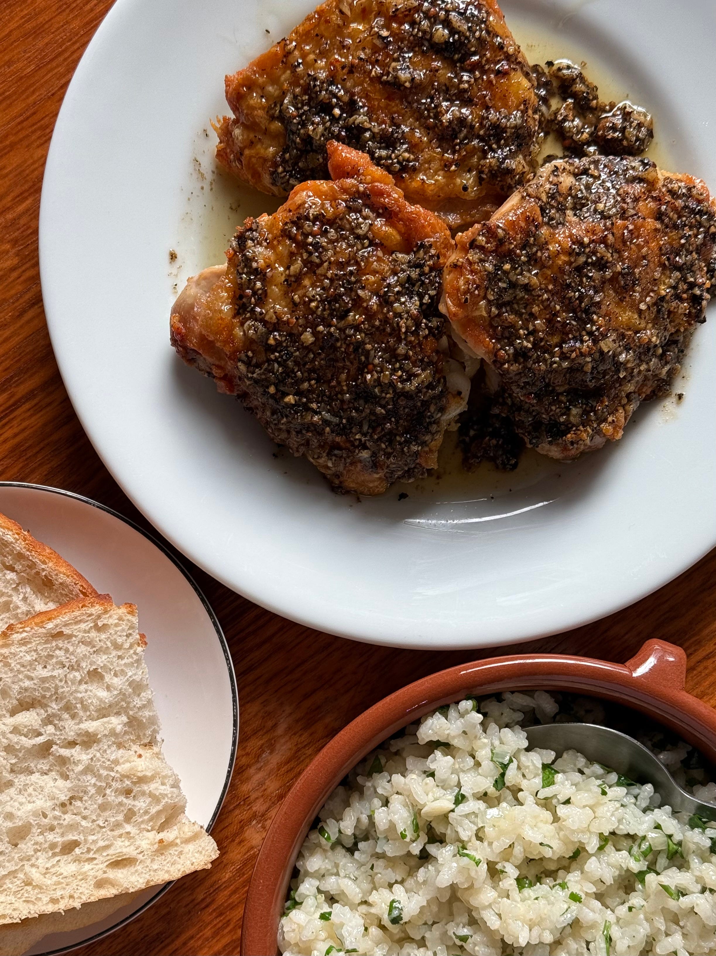 Nick Bramham’s Chicken Thighs with Molho Leitão and Coriander Rice