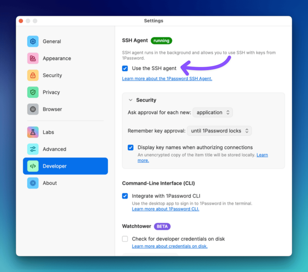 Using 1Password SSH client for commit signing in DevContainers
