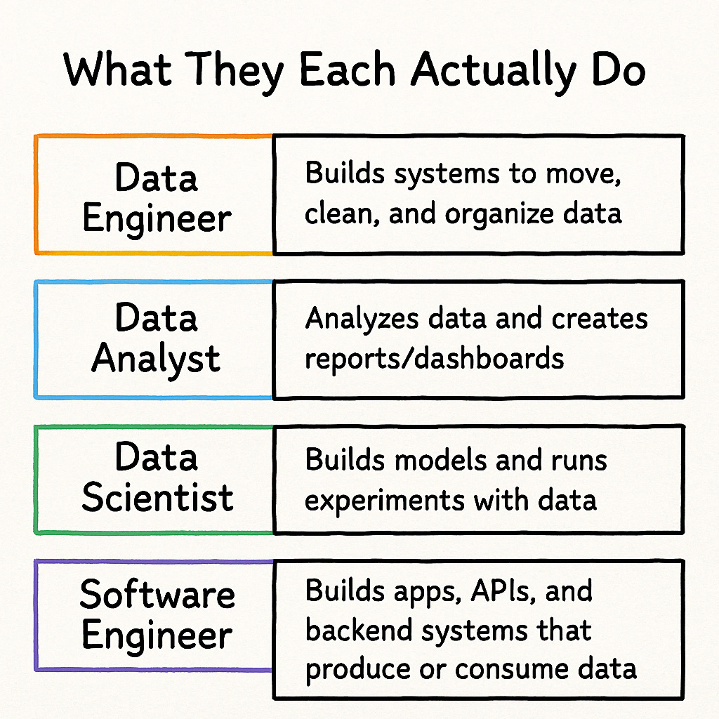 The Data Engineer vs Data Analyst vs Data Scientist vs SWE