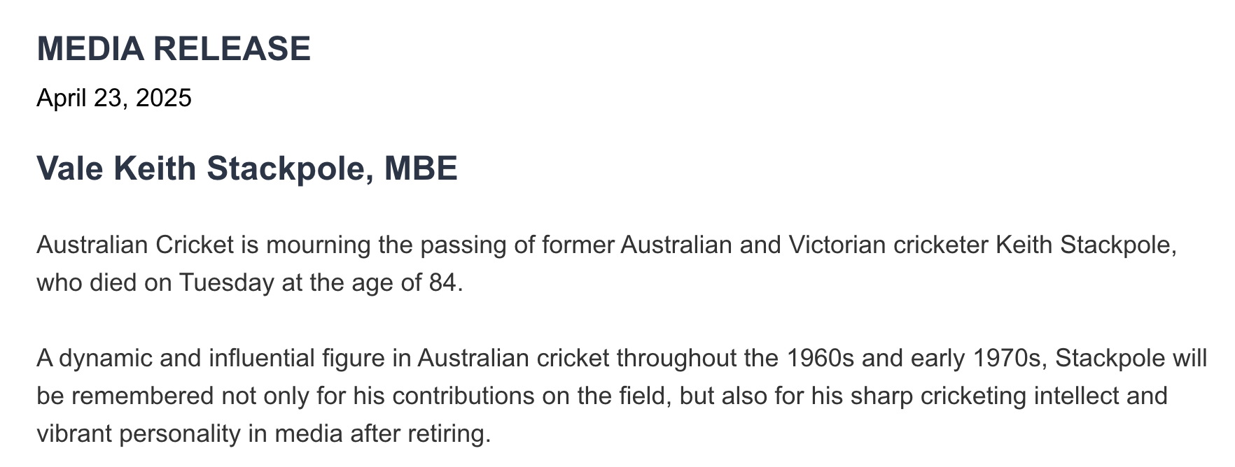 Keith Stackpole 1940-2025 - by Gideon Haigh - Cricket Et Al