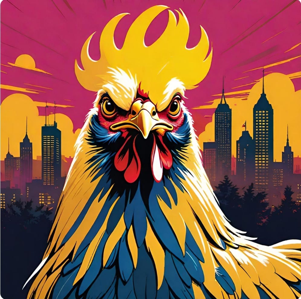 A Golden-Spangled Hamburg Rooster comes home to roost