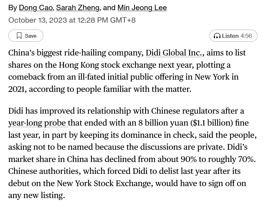 Didi Plans 2024 Hong Kong Listing in Comeback Bid, Sources Say