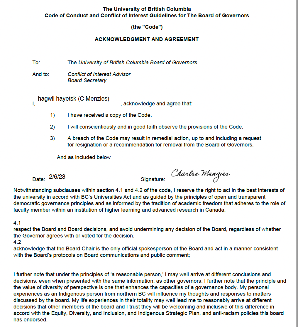 Signing code of conduct acknowledgement form