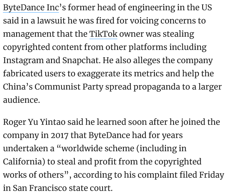 Ex-ByteDance worker claims TikTok owner stole content, inflated user numbers in lawsuit over firing