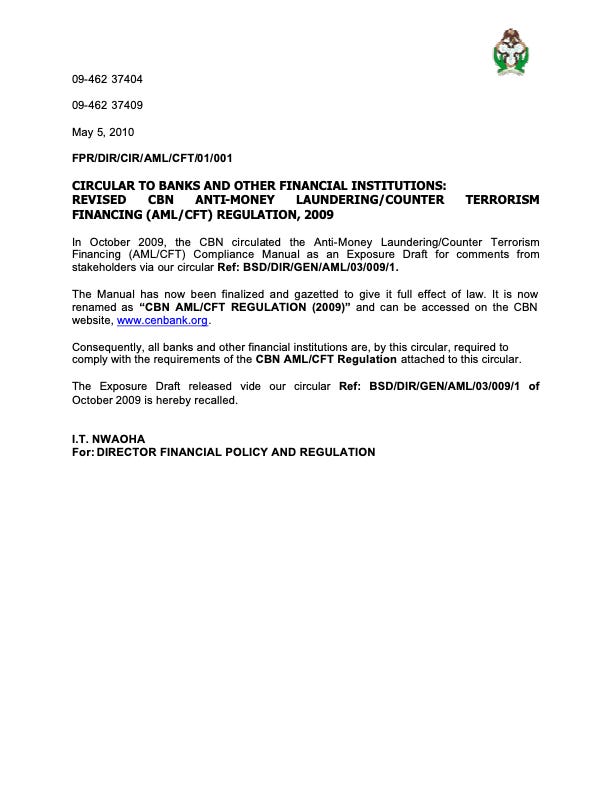 Alert: Central Bank of Nigeria Circular FPR/DIR/CIR/AML/CFT/01/001