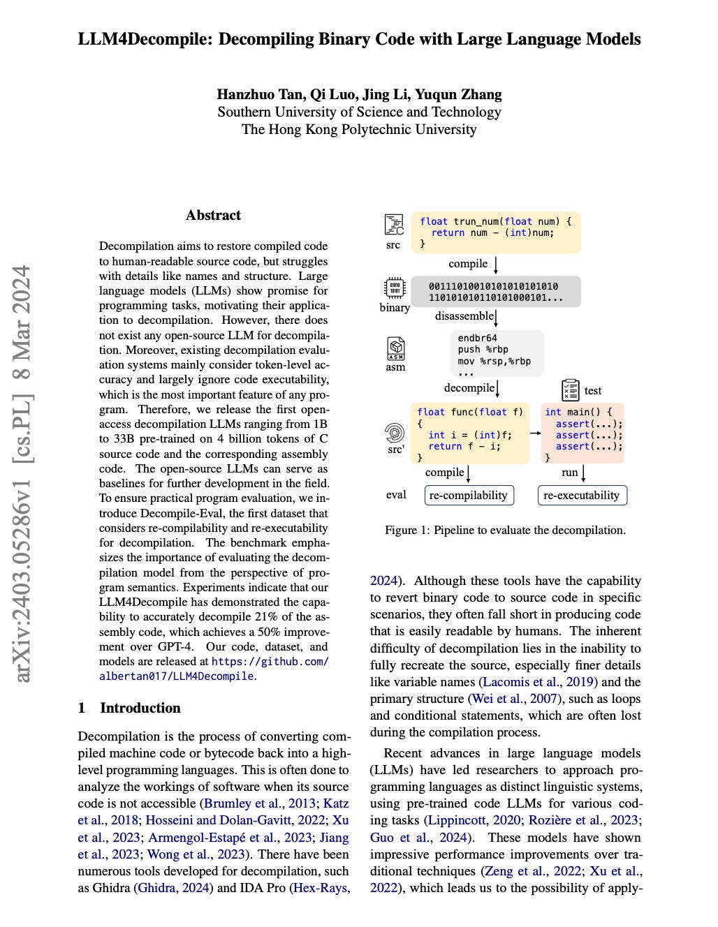 [paper]LLM4Decompile: Decompiling Binary Code with Large Language Models