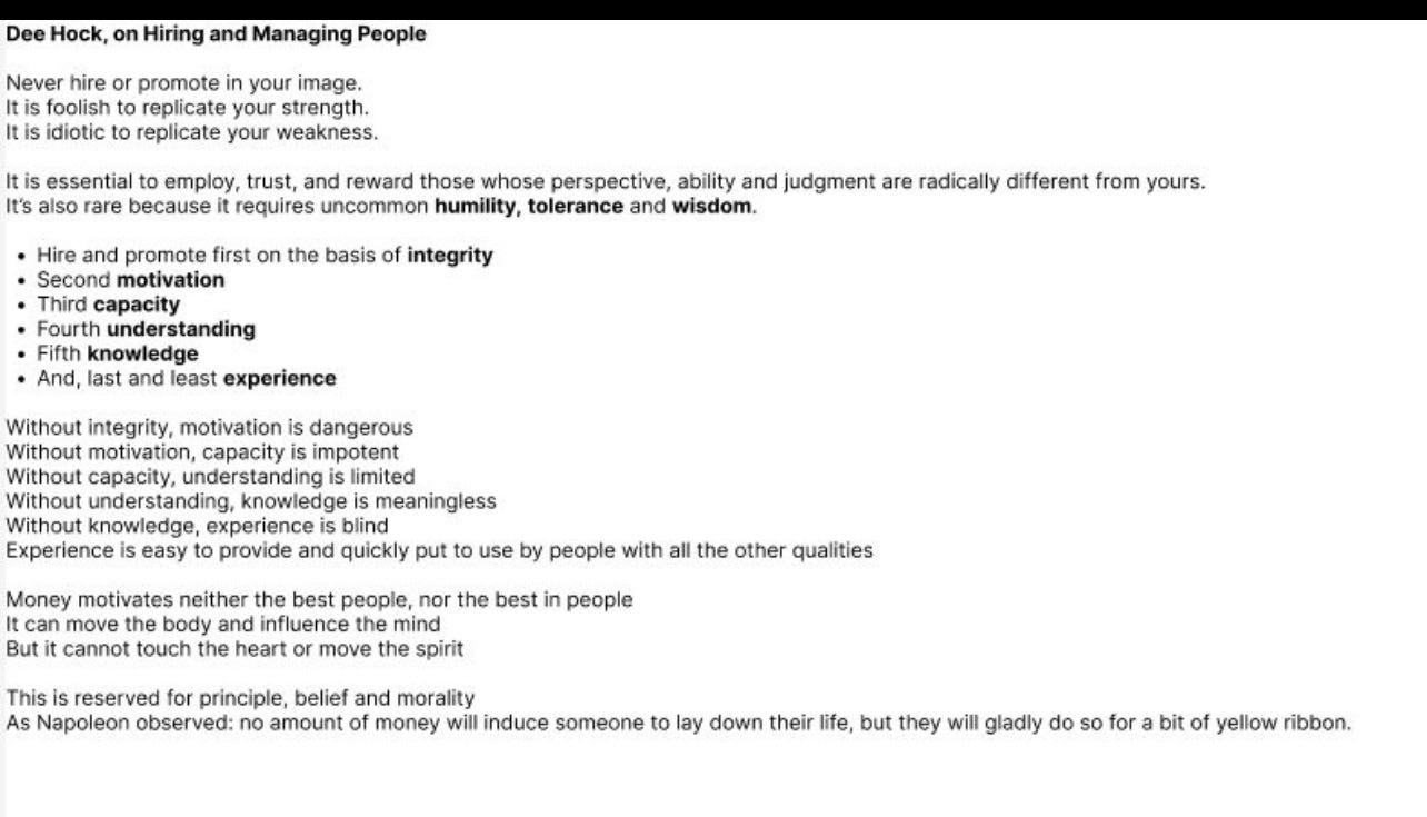 Dee Hock on Hiring and Managing people - by Nidhi Wadmark