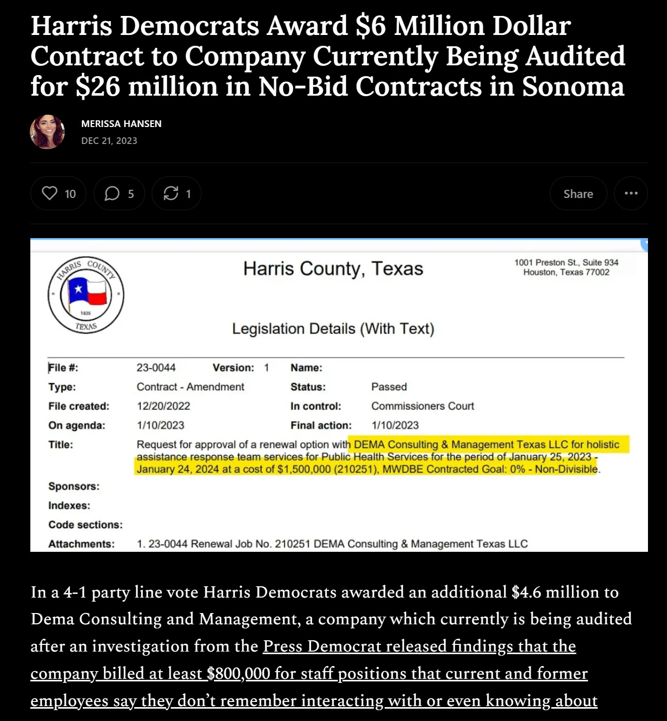 Harris County Officials Vote for In-House Audit of Dema Consulting