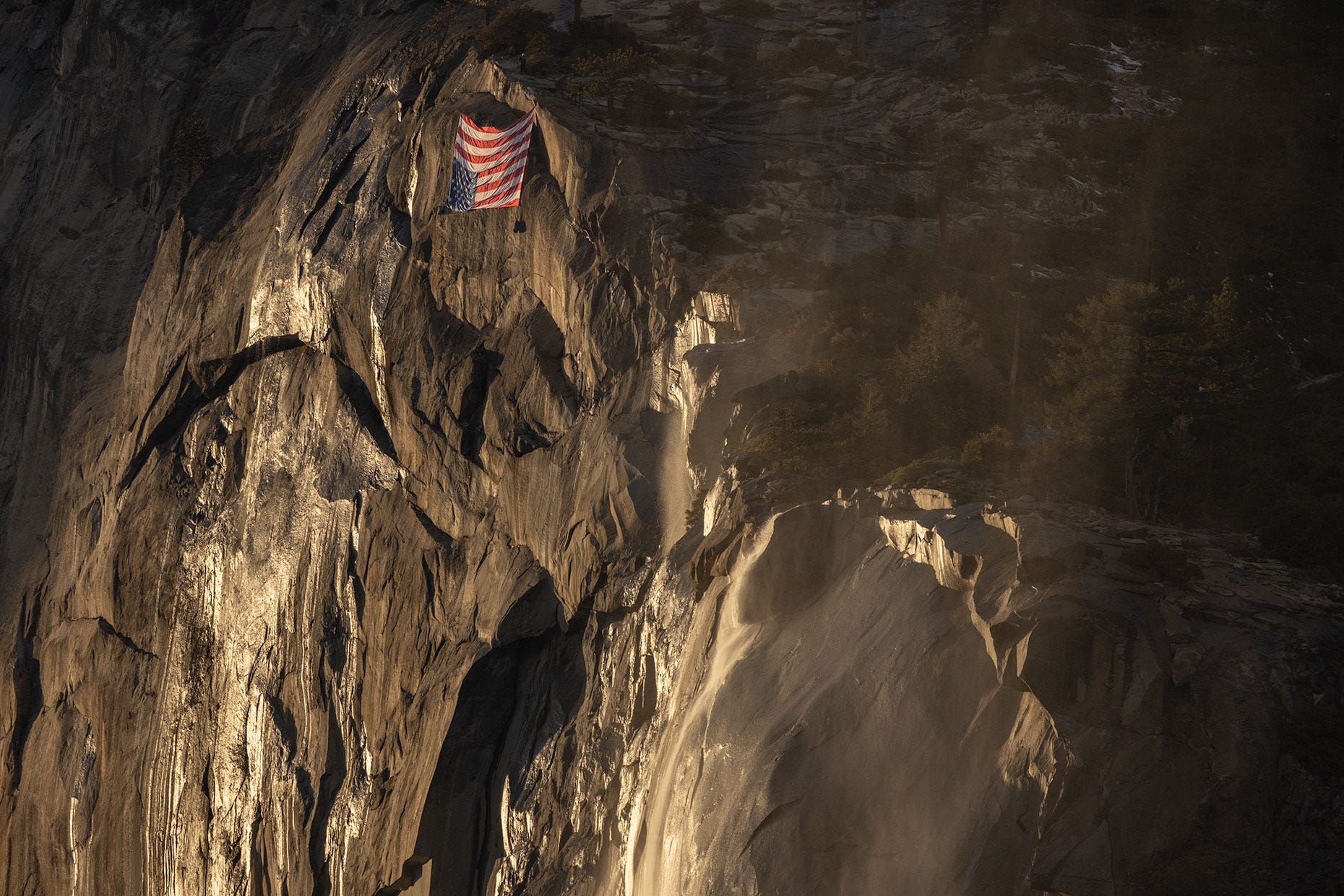 Symbolic Statement: Upside-Down Flag Displayed Near Yosemite's "Firefall"