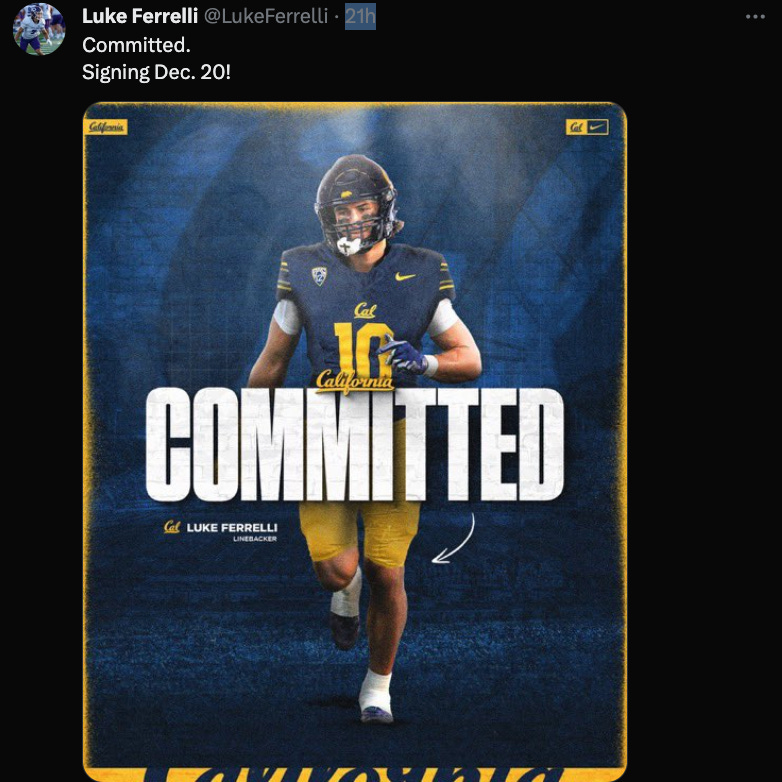Cal football recruit commits: Luke Ferrelli flips from Stanford, 2025 ...