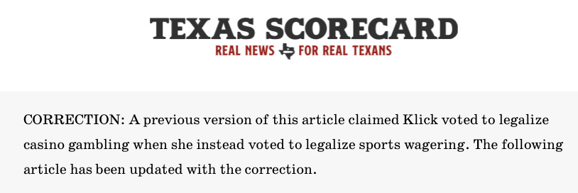 Texas Scorecard Acknowledges It Lied About Klick (Sort Of)