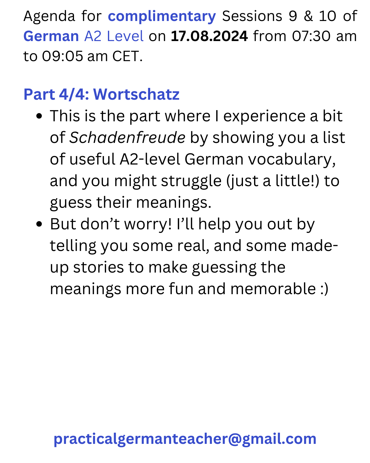 Agenda for tomorrow's complimentary Sessions 9 & 10 of German A2 Level.