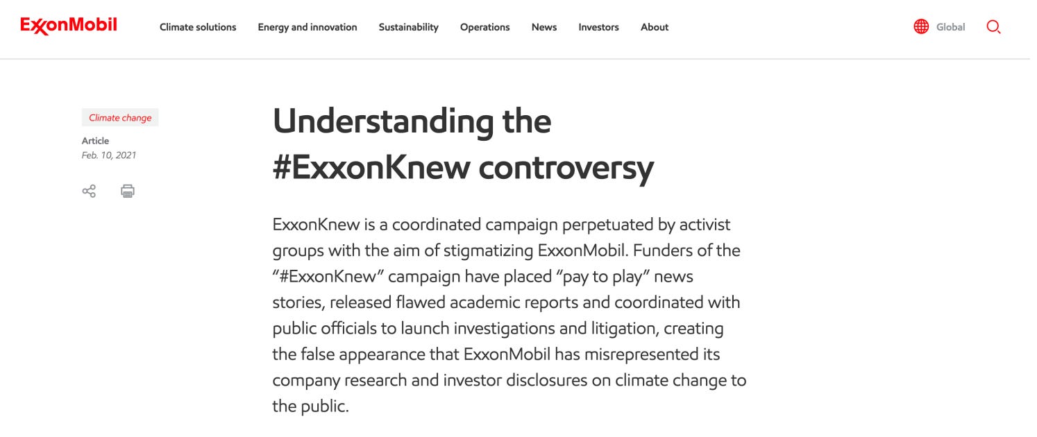 Why did Exxon take down a web page attacking its critics?