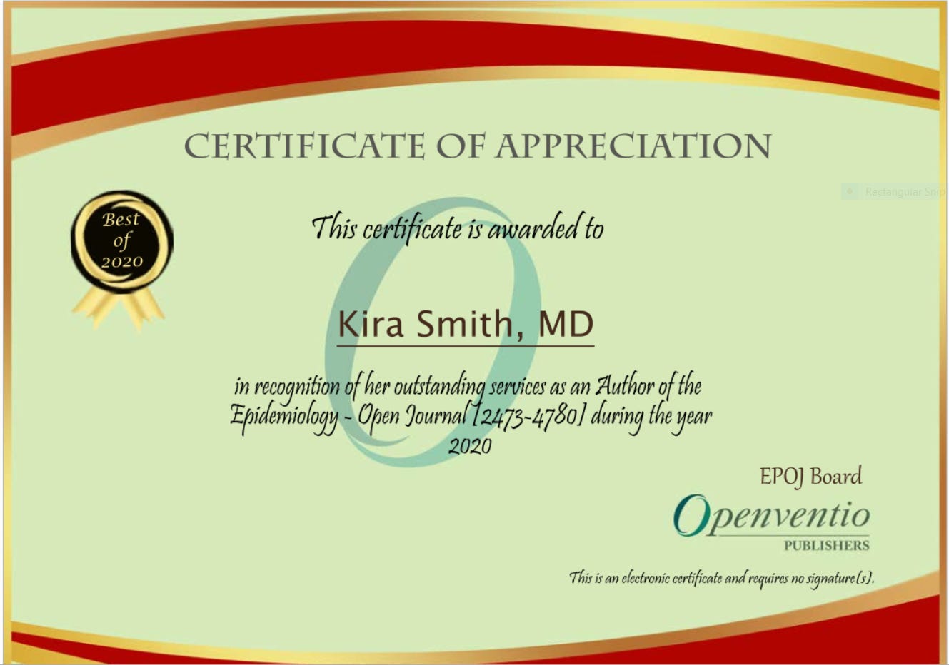 Certificate of Appreciation Best of 2020